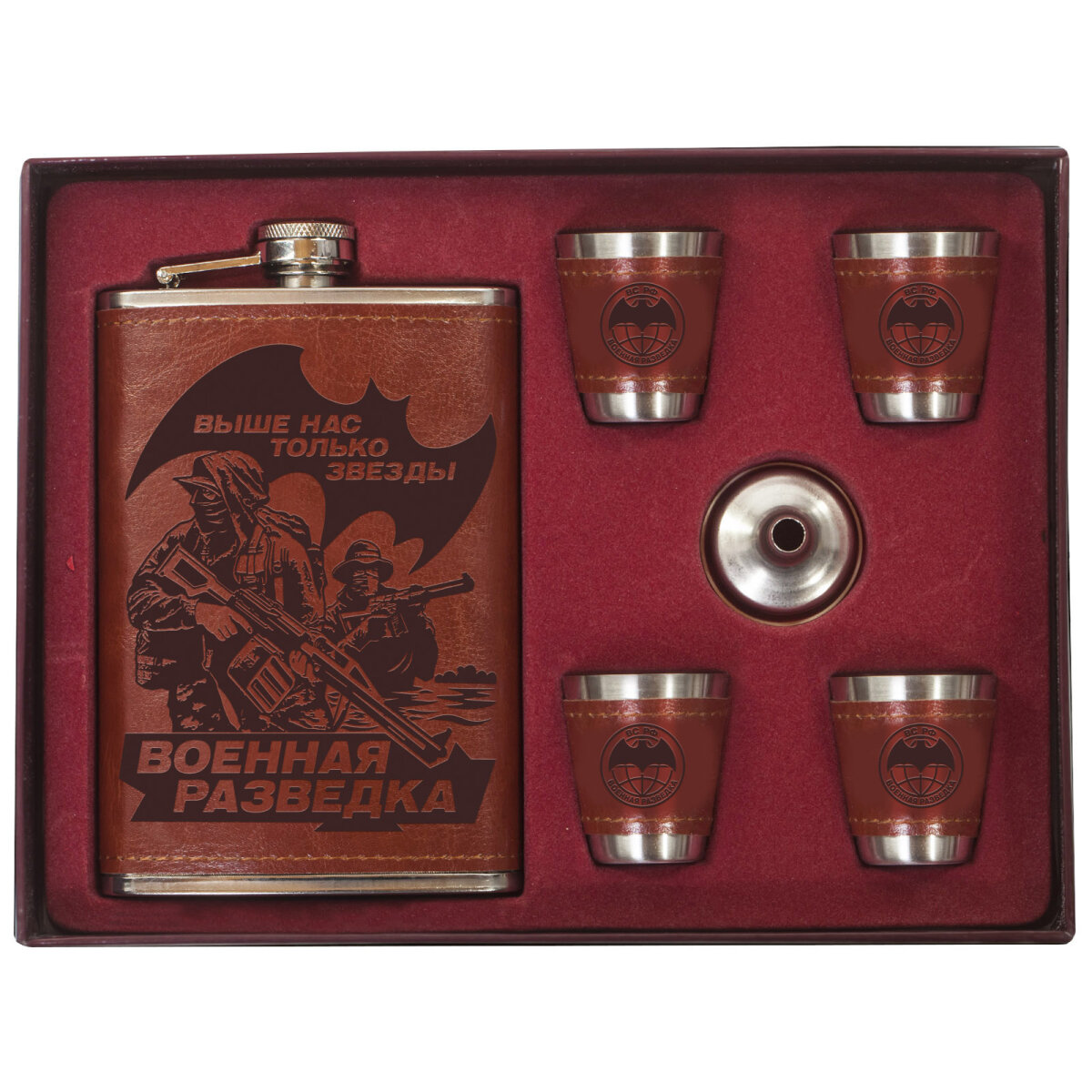Набор "Военная разведка", фляжка и стопки, объем фляги 9 Oz = 255мл, пищевая сталь