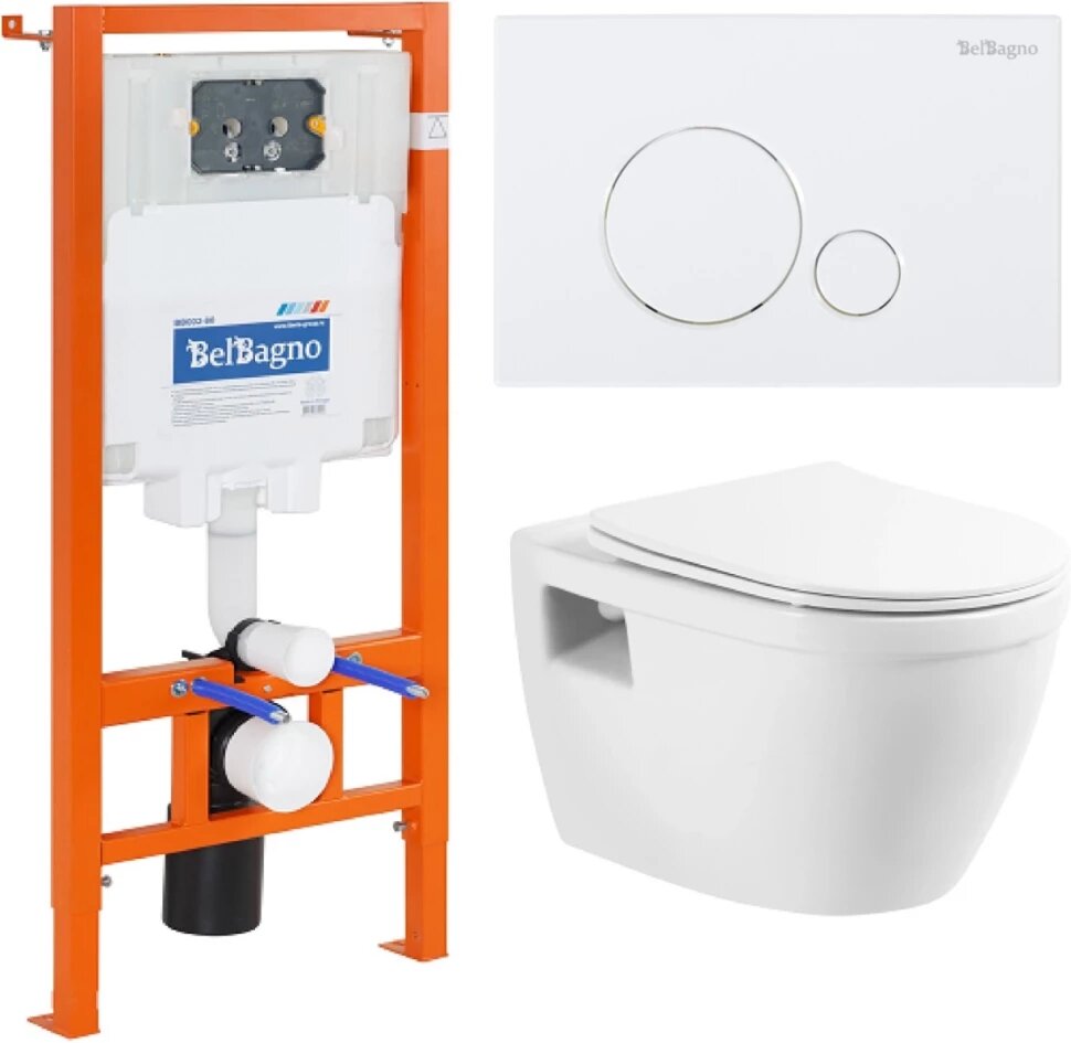 Комплект инсталляция с унитазом BelBagno Sfera BB070CHR/SC/BB002-80/BB014-SR-BIANCO с кнопкой смыва, белый + унитаз подвесной BelBagno Loto безободковый, с сиденьем микролифт, белый
