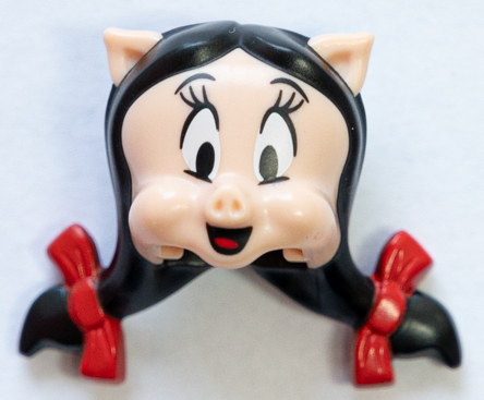 Minifigure, Head, Modified Looney Tunes Petunia Pig with Black Hair, Red Bows and Tongue Pattern, 75692pb01 Light Nougat U