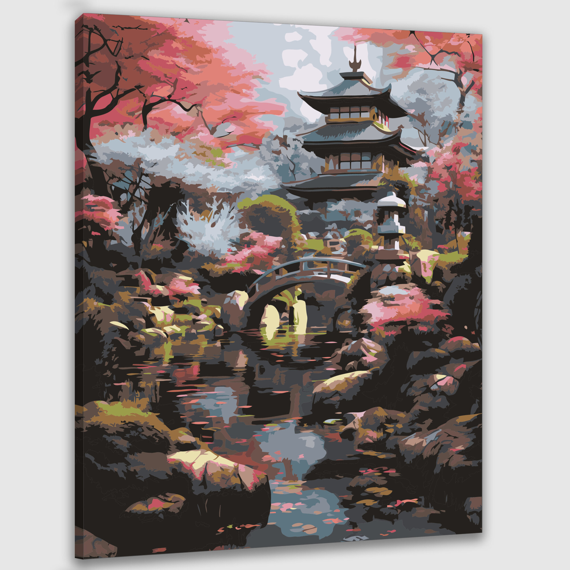 Картина по номерам 40x50 см, фотография, японский сад, пруд, кои, деревья сакуры, лепестки, вода, природа