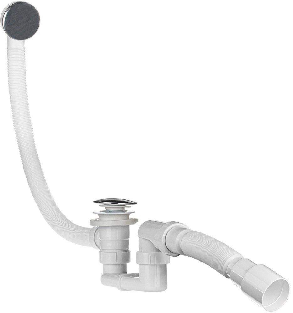 Сифон сливной Masterprof / Мастерпроф для ванны автоматический плоский с выпуском и переливом, из пластика и нержавеющей стали, белый, 40/50мм / сантехника