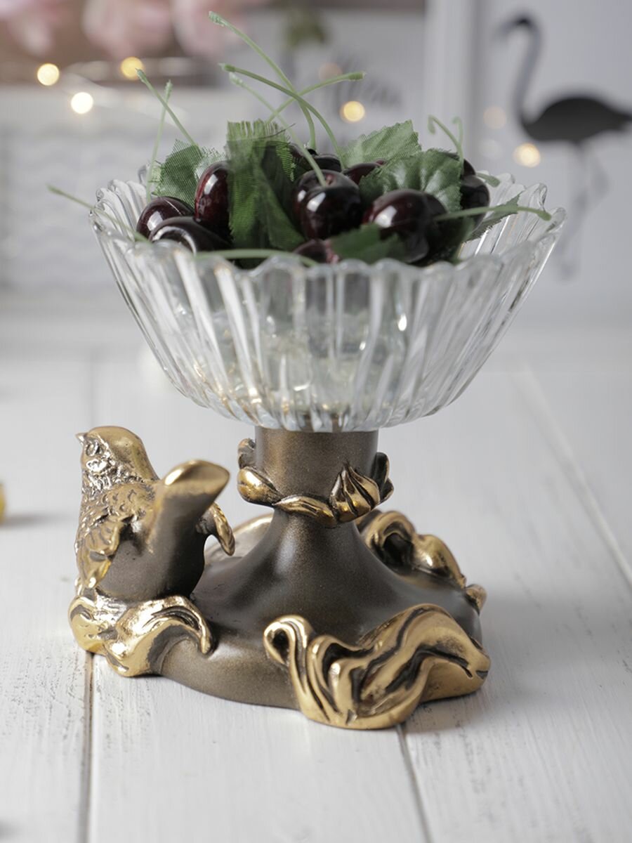 Фруктовница-конфетница из мрамора и стекла на ножке BOGACHO с птичкой