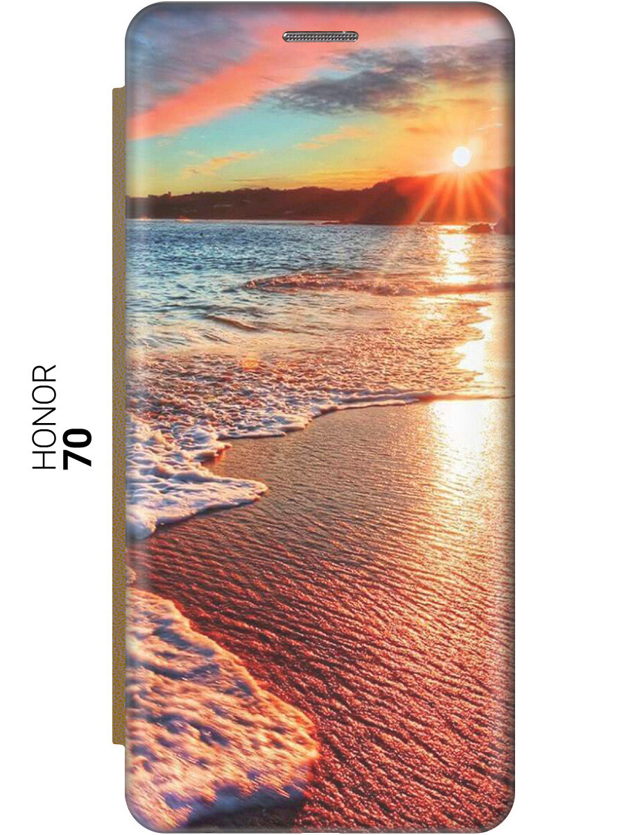 Чехол-книжка на Honor 70, Хонор 70 c принтом "Залитый светом пляж" золотистый