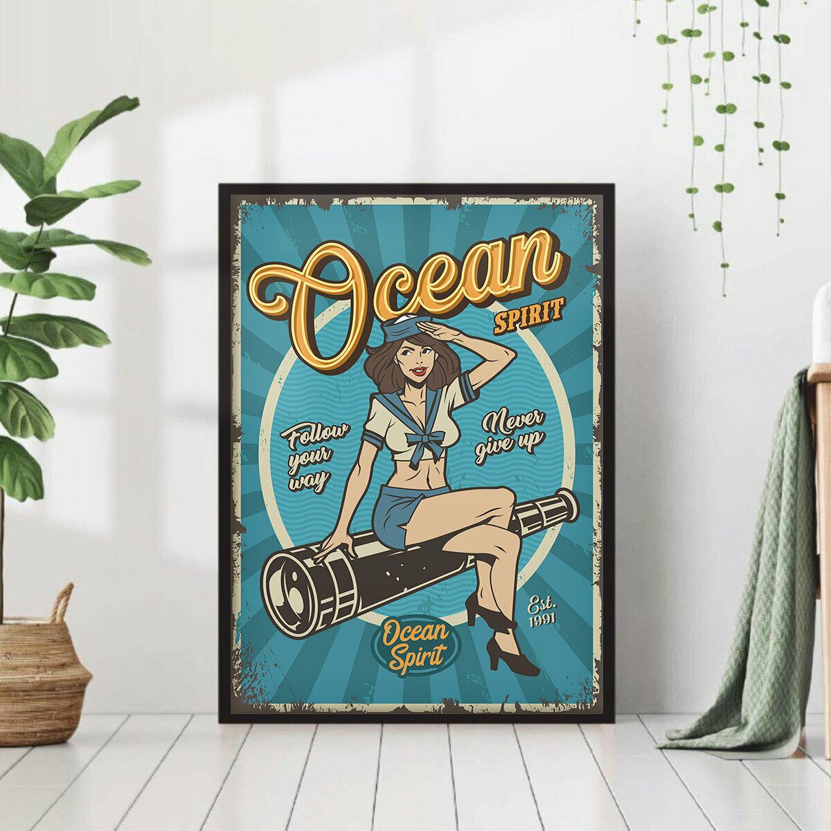 Постер "Ретро девушка океан" в черной рамке 50х70 см для интерьера на стену