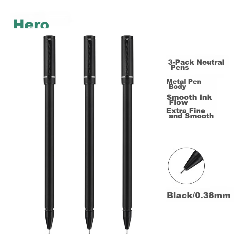 HERO A206 Neutral Pen, Black Metal, 0.38mm, Student Stationery, Signing Pen, Ink Pen, Pack of Three