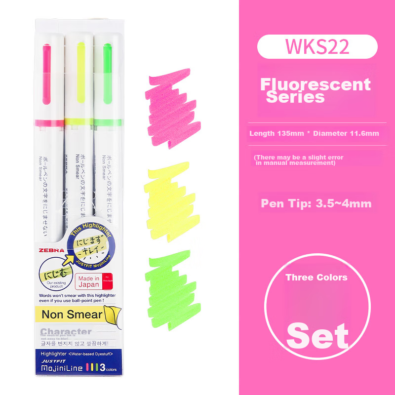 ZEBRA Brand Light-Colored Single-Head Highlighter, MojiniLine Series, Smudge-Resistant Planner Pen, Student Marker Pen, WKS22, 3-Color Set