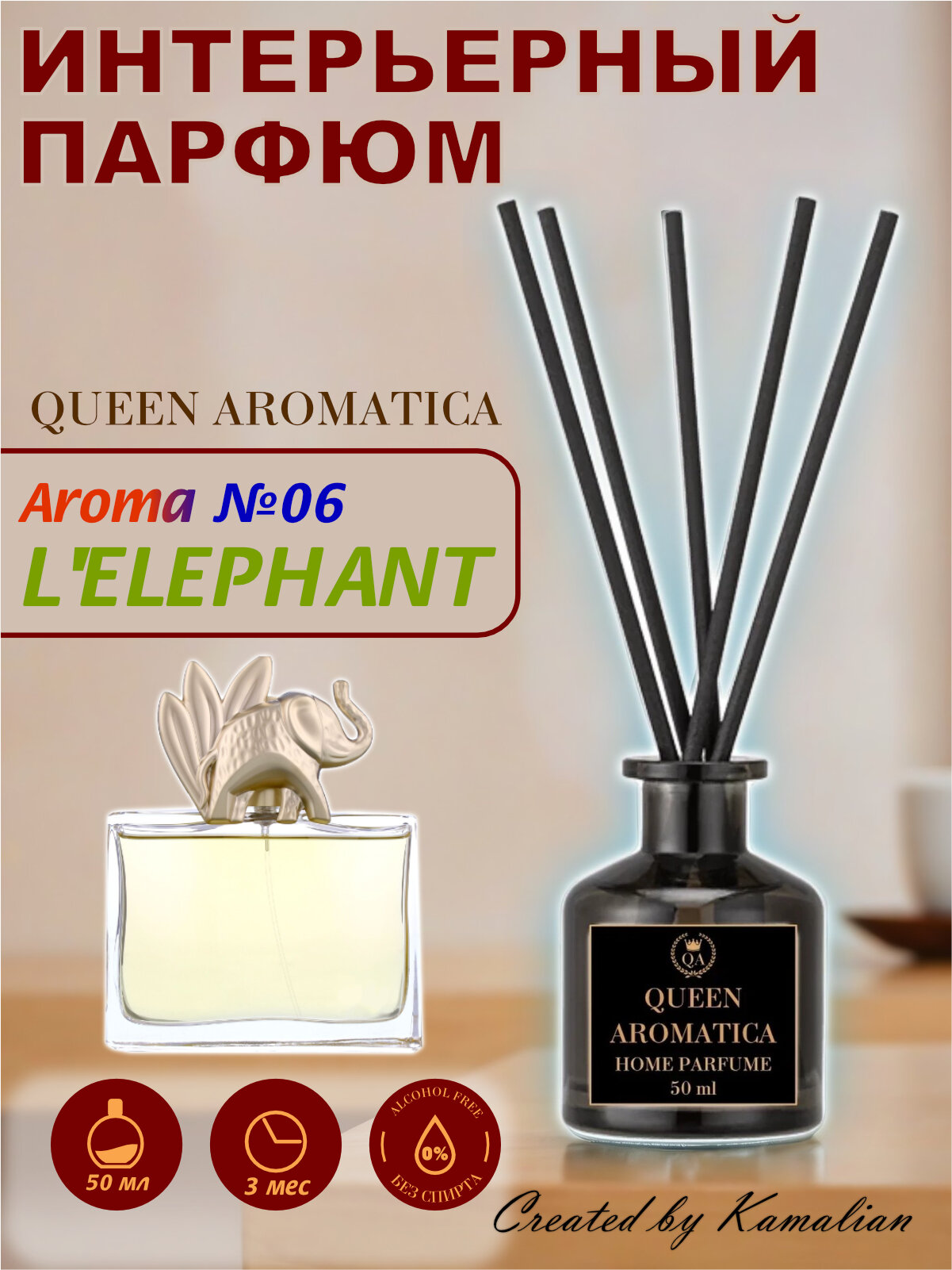 Ароматический диффузор для дома Queen Aromatica - Jangle (L Elephant) H-06, ароматизатор с палочками 50 мл