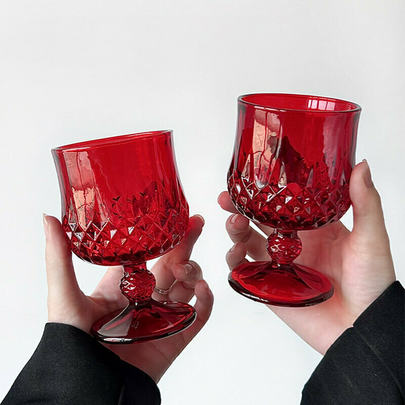 Бокалы для вина ретро, 190 мл, 2 шт, высокие, без свинца, с тиснением "красные бриллианты