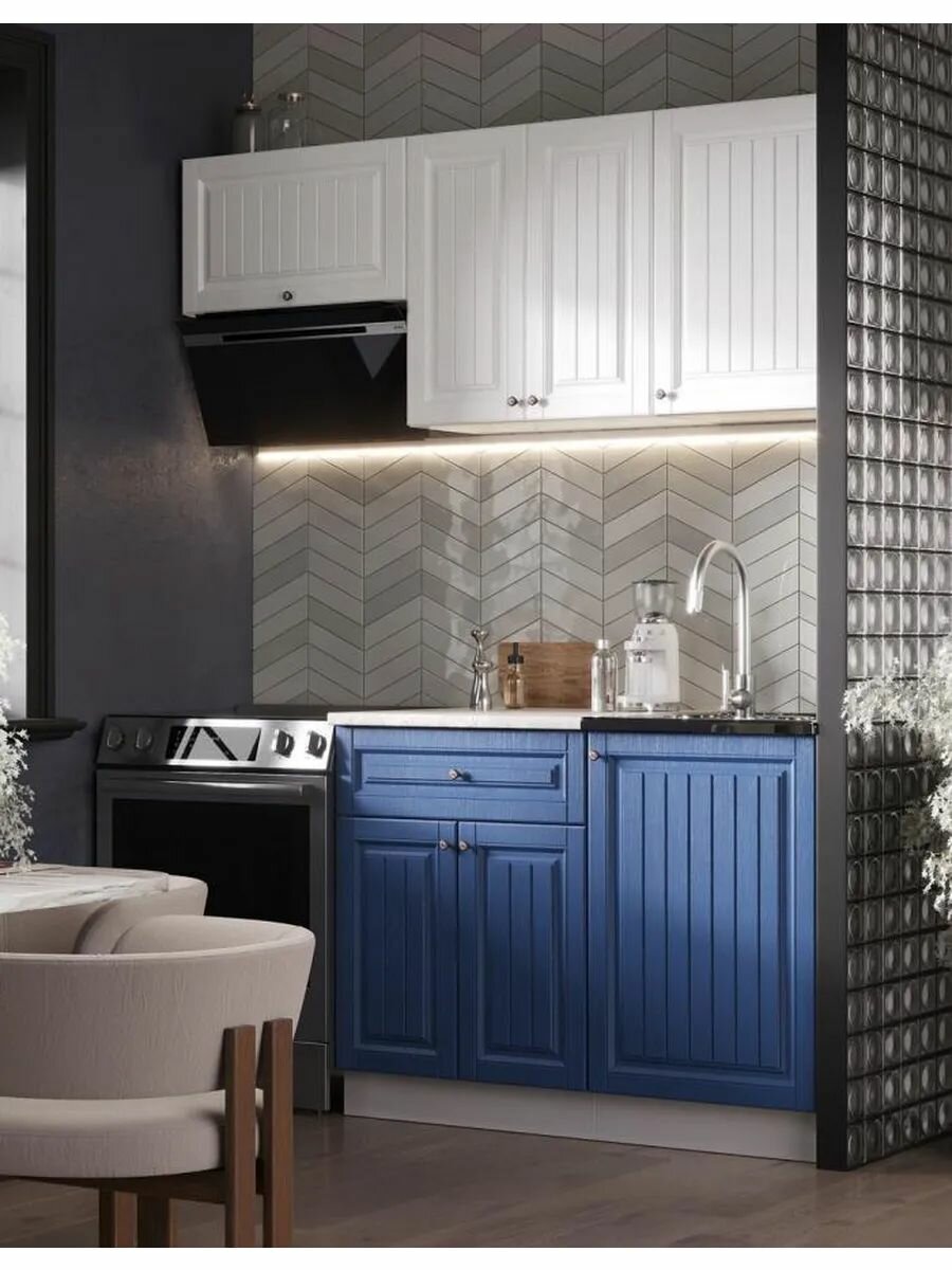 Кухонный гарнитур Хозяюшка 170 см, мебель для дома и кухни, Белый / Акация белая, Деним