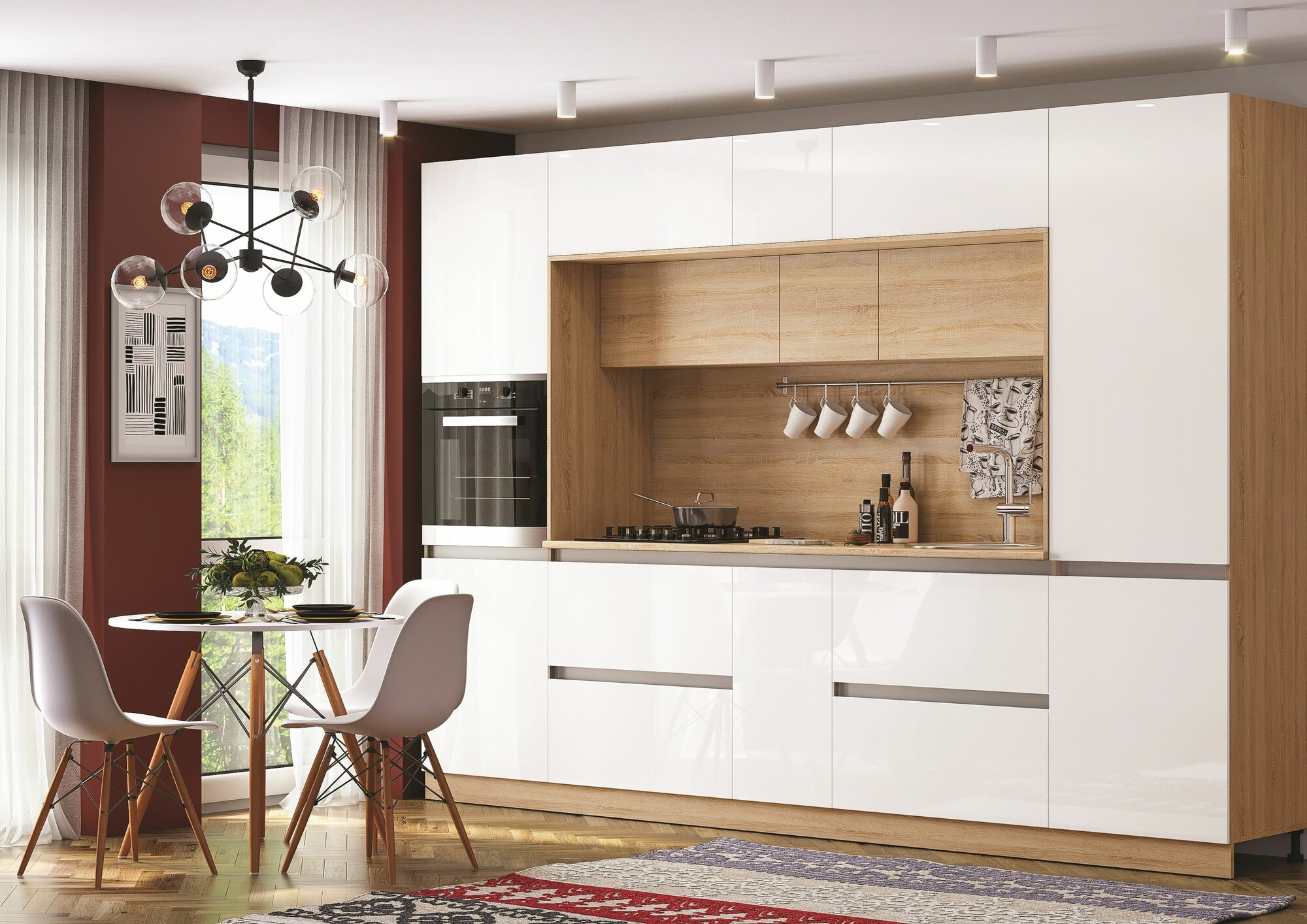 Кухня Карина ЛДСП 325 см. Белый глянец, Дуб Сонома