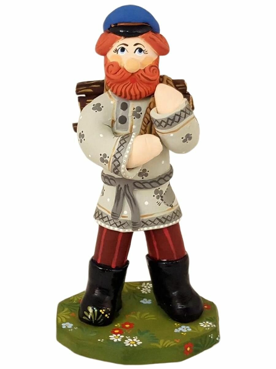 Мужичок с вязанкой дров, Ковровская глиняная игрушка, ручная авторская работа