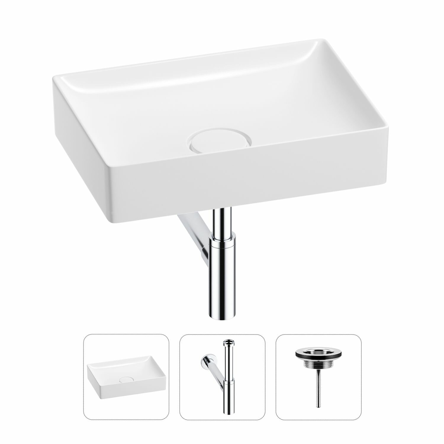 Раковина для ванной Wellsee Pure BY Wellsee 201001241 в наборе 3 в 1: прямоугольная раковина белого глянцевого цвета, сифон, выпуск в цвете хром