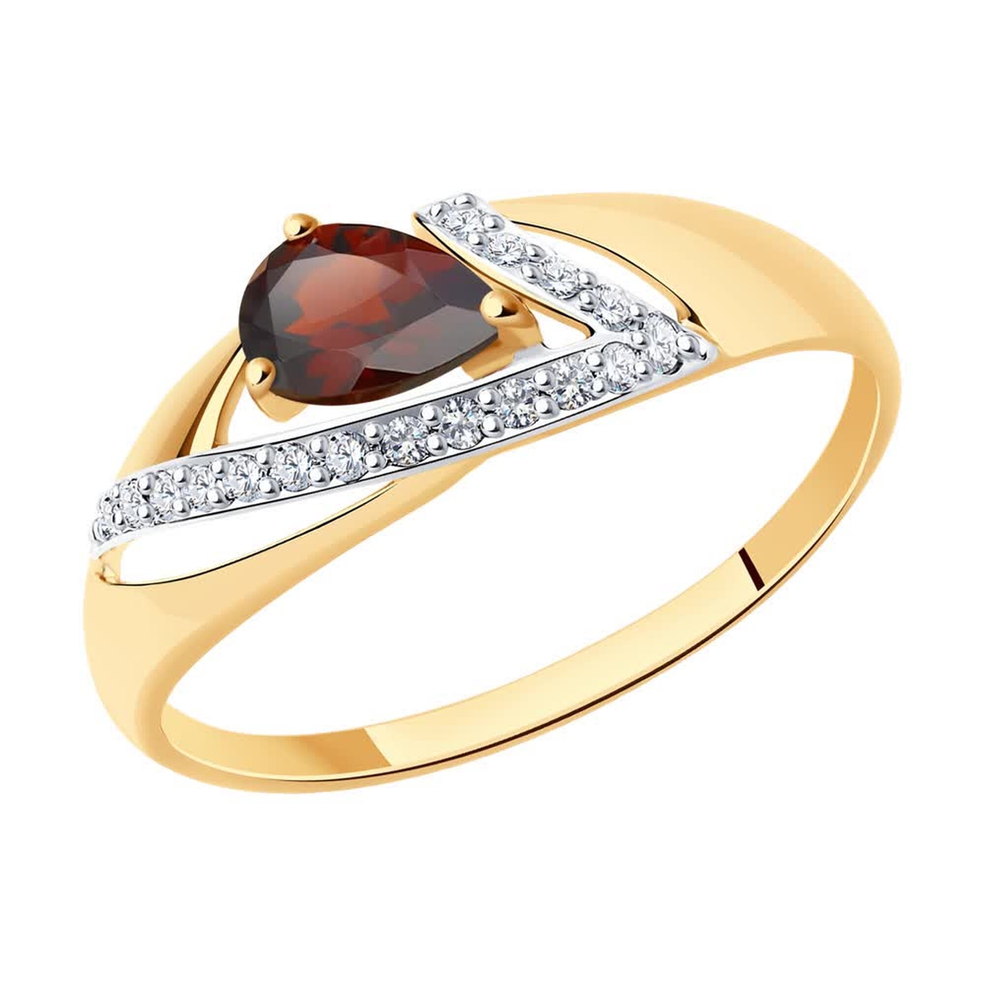 Кольцо, красное золото, 585 проба, фианит, гранат