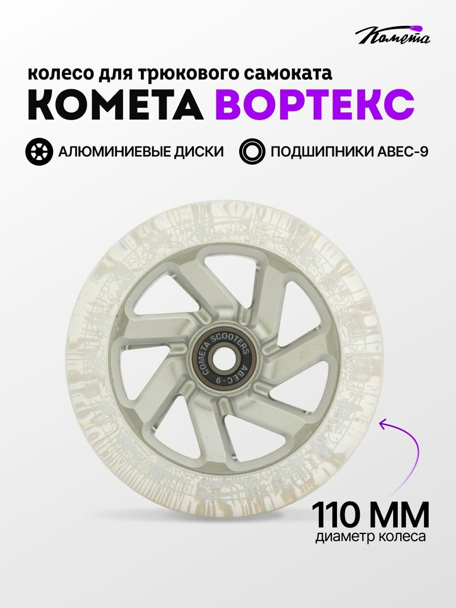 Колесо для трюкового самоката Комета 110мм Вортекс (Прозрачный / Серый)