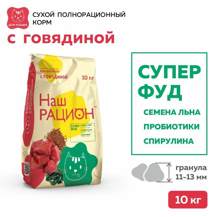 Сухой полнорационный корм для взрослых кошек, говядина ТМ Наш рацион (10 кг)