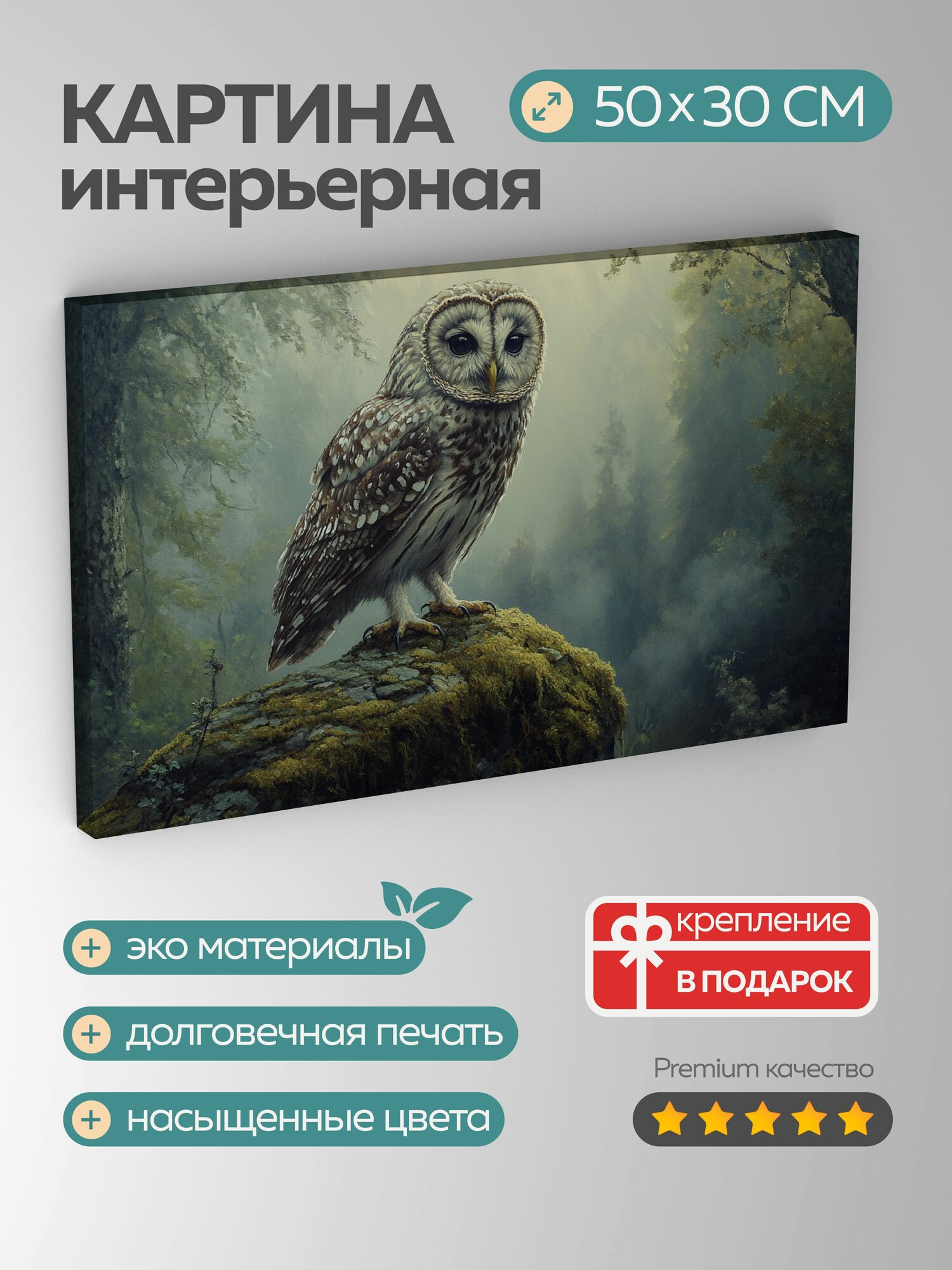 Картина на холсте интерьерная 50х30 см, сова, масляная картина, бархатистые перья, туманный лес, мхом покрытый камень