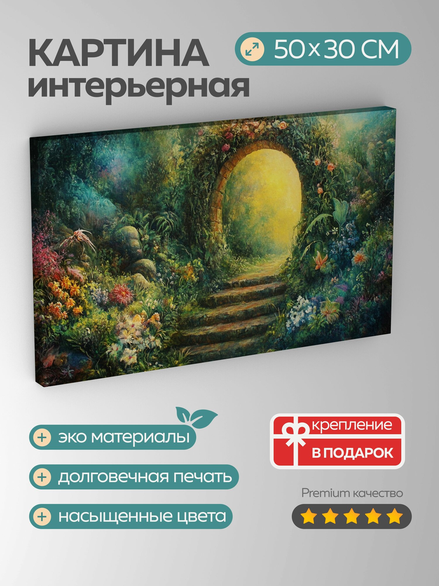 Картина на холсте интерьерная 50х30 см, Портал, сад, существа, флора, эзотерика, акрил, фантазия, очарование, чудо