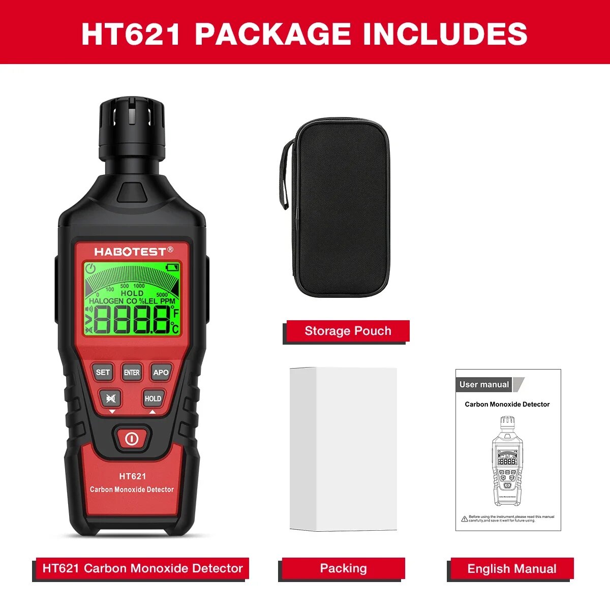 HABOTEST HT621 детектор угарного газа, новый фотоэлектрический датчик, профессиональный высокоточный тестер газа CO, ЖК-дисплей