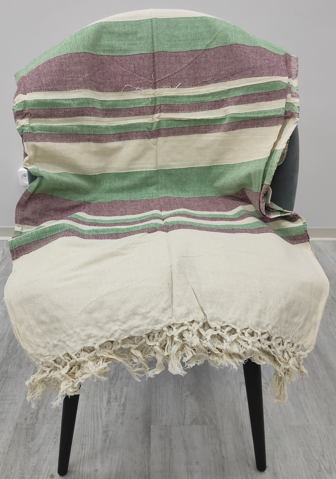 Покрывало из плотного хлопка Полосы (белый основной, полосы дымчато-бордовый, дымчато-зеленый )Ручная работа, сборка, окраска