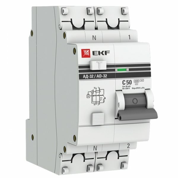 EKF PROxima АД-32 Диф. Автомат (C) 1P+N 50А/30мА тип АС 4,5кА , электронный, DA32-50-30-pro