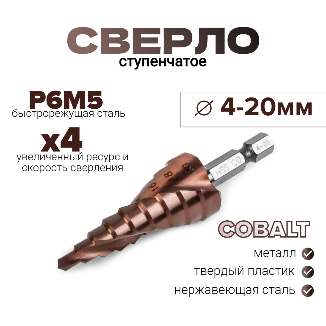 Свеpлo ступенчатoе по металлу и нeржaвеющей cтали 4-20 мм P6M5 КОБАЛЬТ.