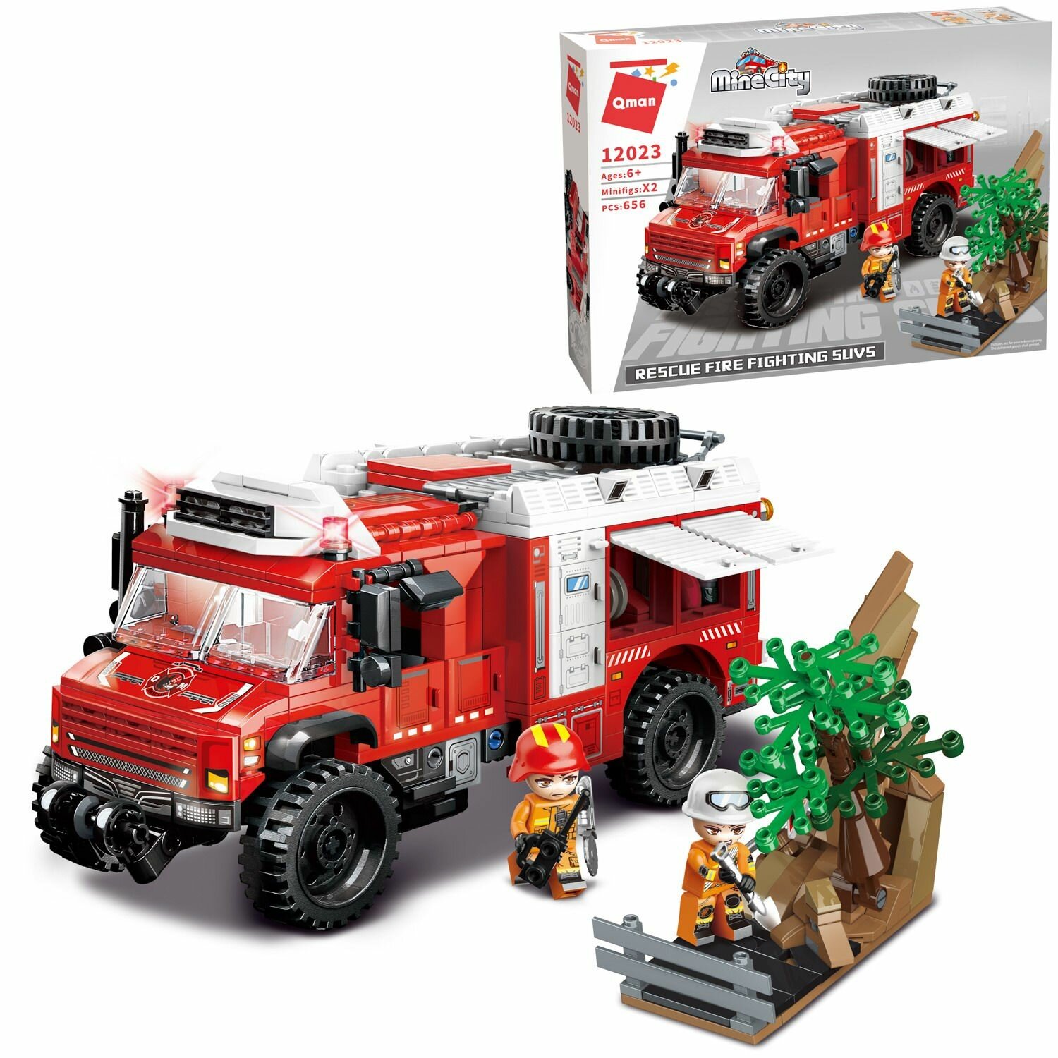 Конструктор Qman серия MineCity. Пожарная машина: Разбор завала, 656 деталей