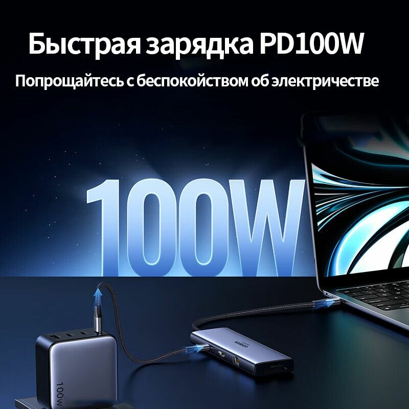USB-Концентратор UGREEN 9-in-1 (15375), 4K(60HZ) HDMI, RJ45, USB3.0, USB-C 5Gbps, SD, TF, PD 100W Hub