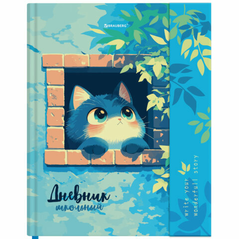 Дневник 1-11 класс 48л, твердый, BRAUBERG, матовая ламинация, магнитный клапан, закладка-ляссе, с подсказом, Котик, 107244