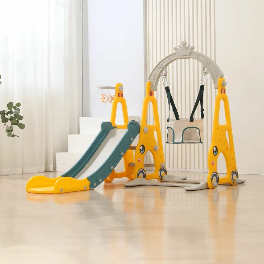 Горка детская с качелями со спуском 138 см UNIX Kids Funny Car Yellow из пластика, игровой комплекс 2 в 1, для дома и улицы, с баскетбольным кольцом, желтый3