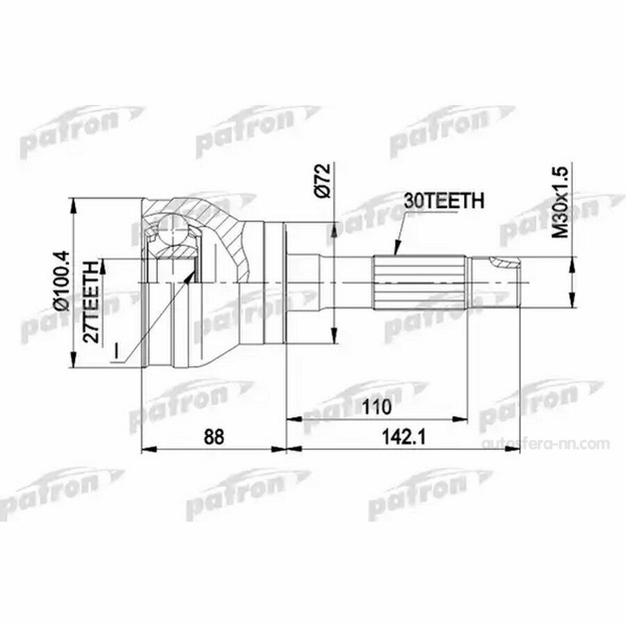 PATRON PCV1002 ШРУС наружн к-кт [A:30, B:27, D:100.4] MERCEDES-BENZ: 100 автобус 88-96, 100 фургон 88-96 (не для полуоси с трипоидом)