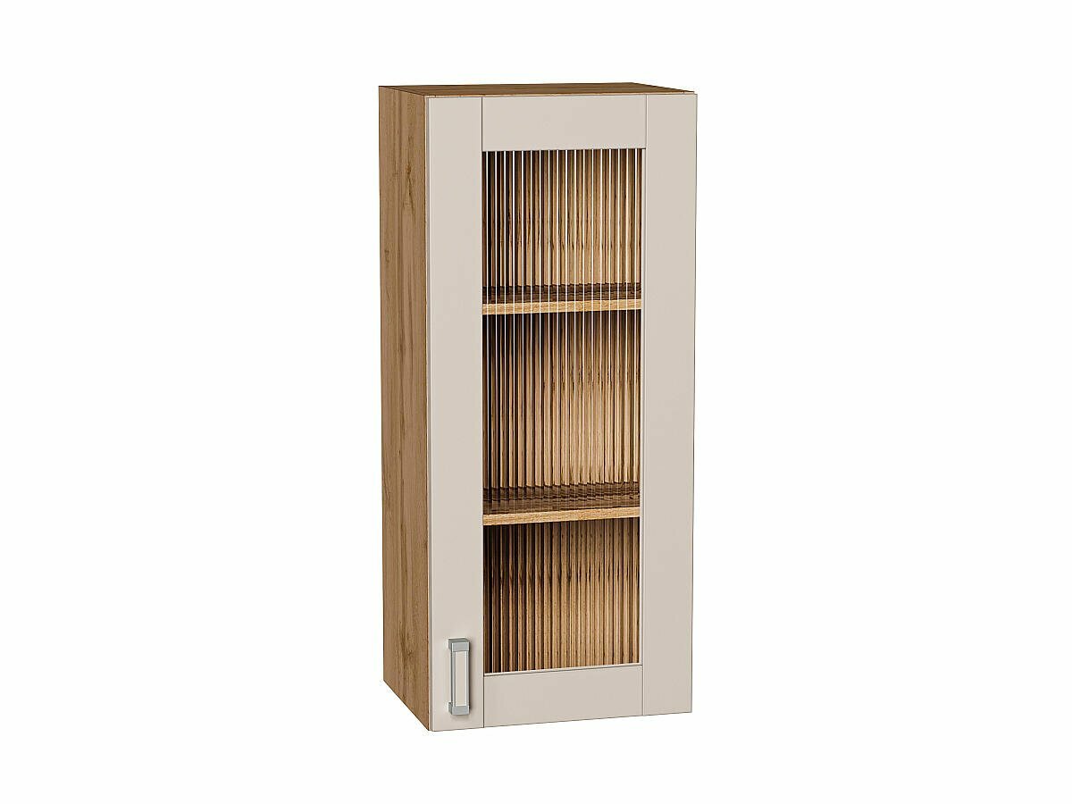 Шкаф верхний с 1-ой остекленной дверцей Лофт, цвет фасада Cream Silk, цвет каркаса Дуб Вотан, стекло Magic Moru V, 920*400*320 мм