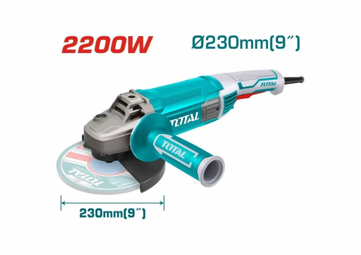 Угловая шлифовальная машина TOTAL TG12223026, мощностью 2200 Вт, диаметром диска 230 мм
