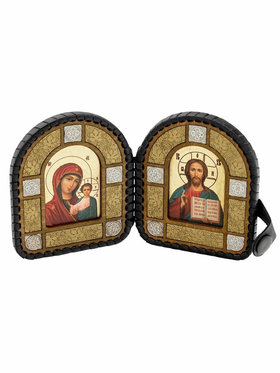 Складень кожаный Богородица Казанская и Спаситель 7х8,5 см