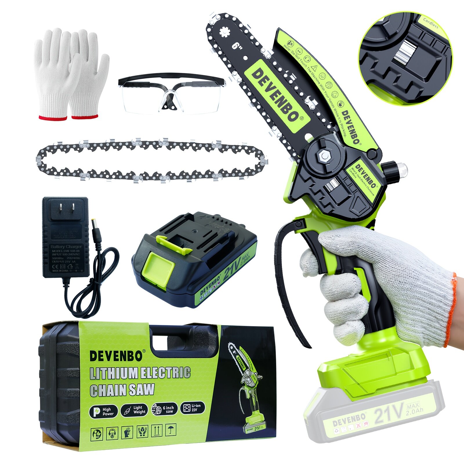 Devenbo 6-дюймовая аккумуляторная цепная пила с перезаряжаемой литиевой батареей — ручная электрическая цепная пила для обрезки деревьев, резки древесины и садовых работ, включает защитное снаряжение и аксессуары, 110 В США