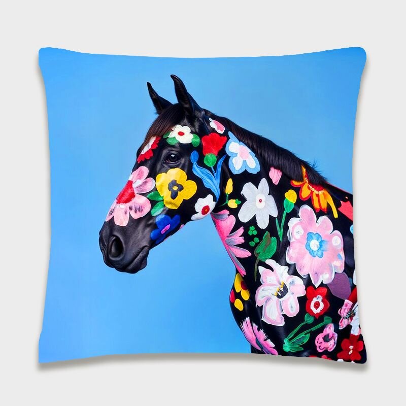 Чехол для подушки Черный конь в цветочек на голубом фоне 40х40 велюр