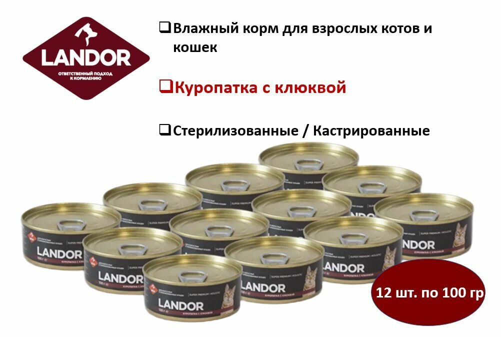 Полнорационный влажный корм LANDOR для стерилизованных кошек куропатка с клюквой 100г х 12шт.
