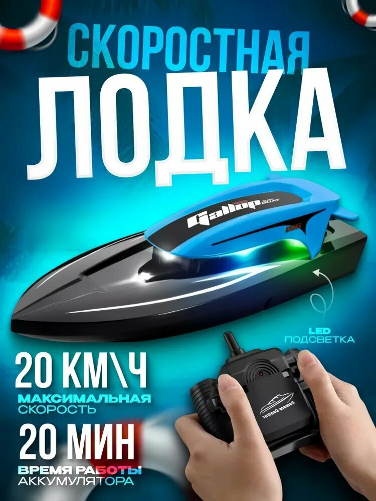 Радиоуправляемый катер, 2.4GHz, LED-подсветка, перезаряжаемый, синий