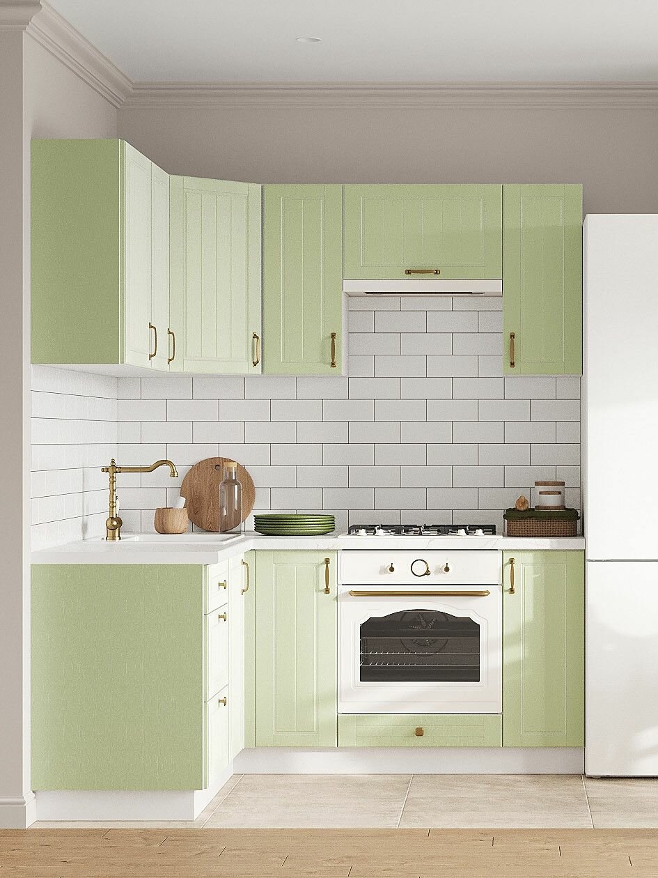 Кухонный гарнитур угловой Флоренс 1.8х1.5 м, мебель для дома и кухни, Белый / Фисташковый структурный