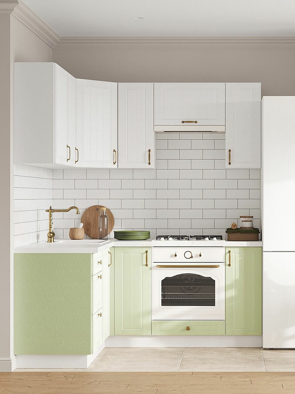 Кухонный гарнитур угловой Флоренс 1.8х1.5 м, мебель для дома и кухни, Белый / Белый текстурный / Фисташковый структурный