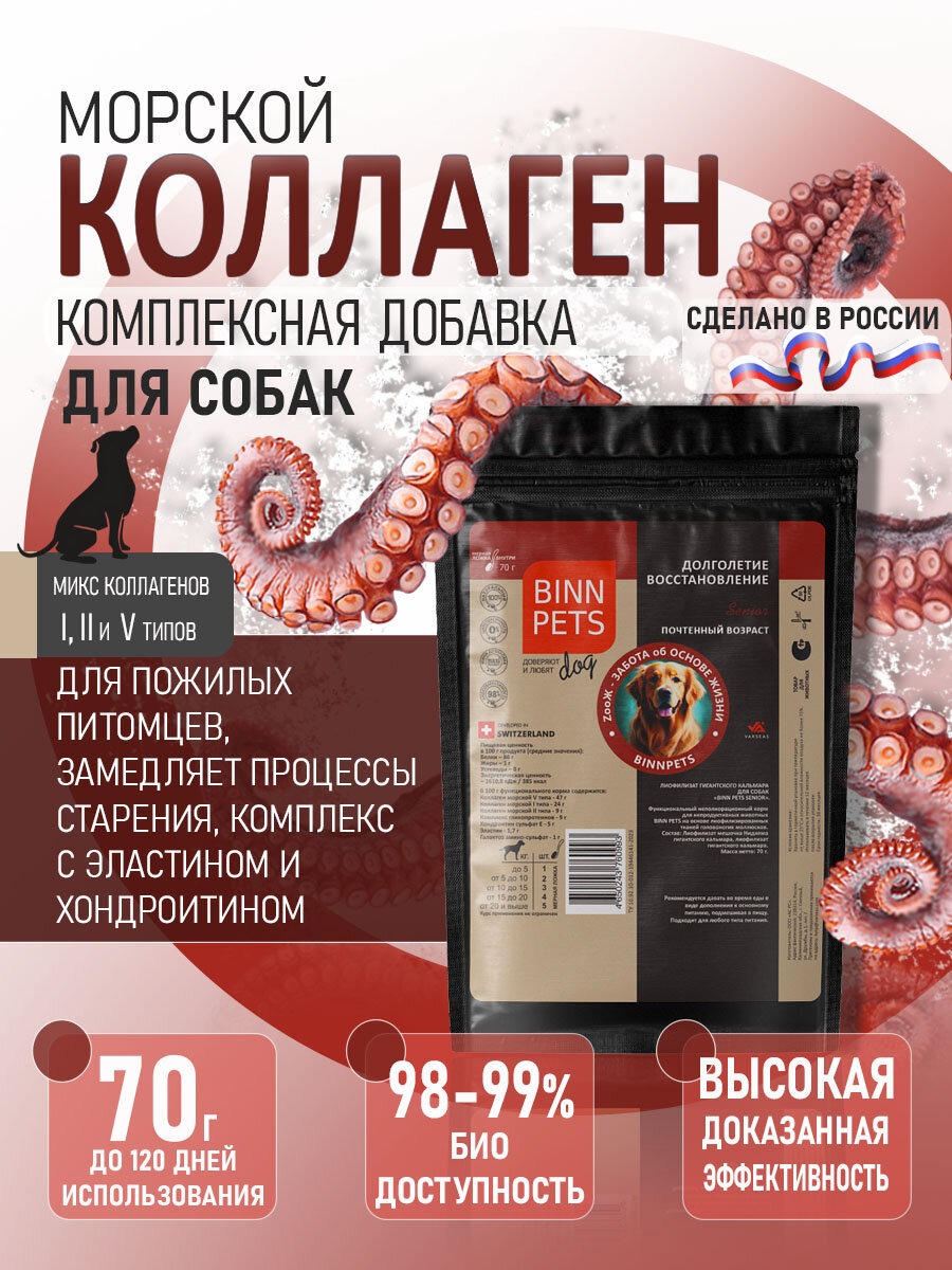 Кормовая добавка BINN PETS "Senior", для пожилых собак, витамины и коллаген для иммунной системы и здоровья, 70г
