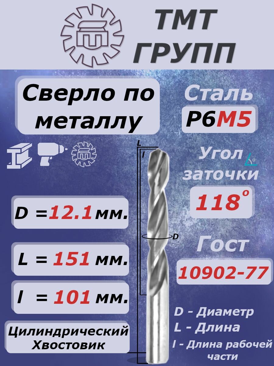 Сверло по металлу, цилиндрический хвостовик, ц/х, 12.1 мм. Р6М5 с*