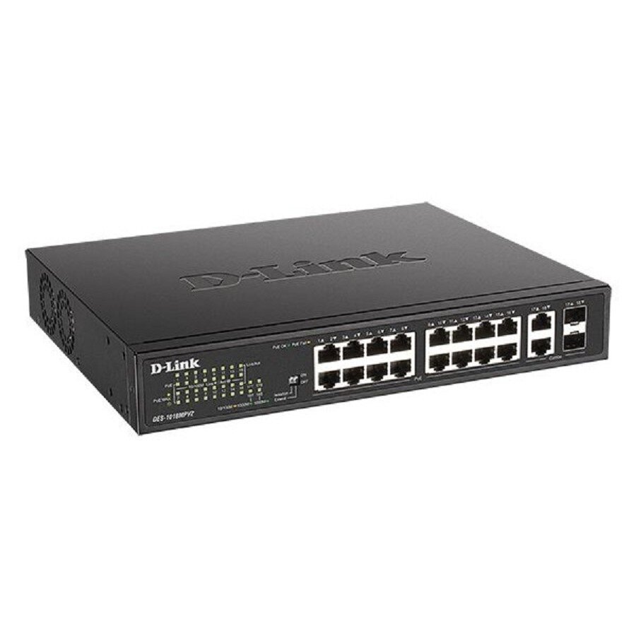 D-Link SMB D-Link DES-1018MPV2/A1A Неуправляемый коммутатор с 16 портами 10/100Base-TX и 2 комбо-портами 100/1000Base-T/SFP (16 портов PoE 802.3af/at, PoE-бюджет 247 Вт, дальность до 250 м)