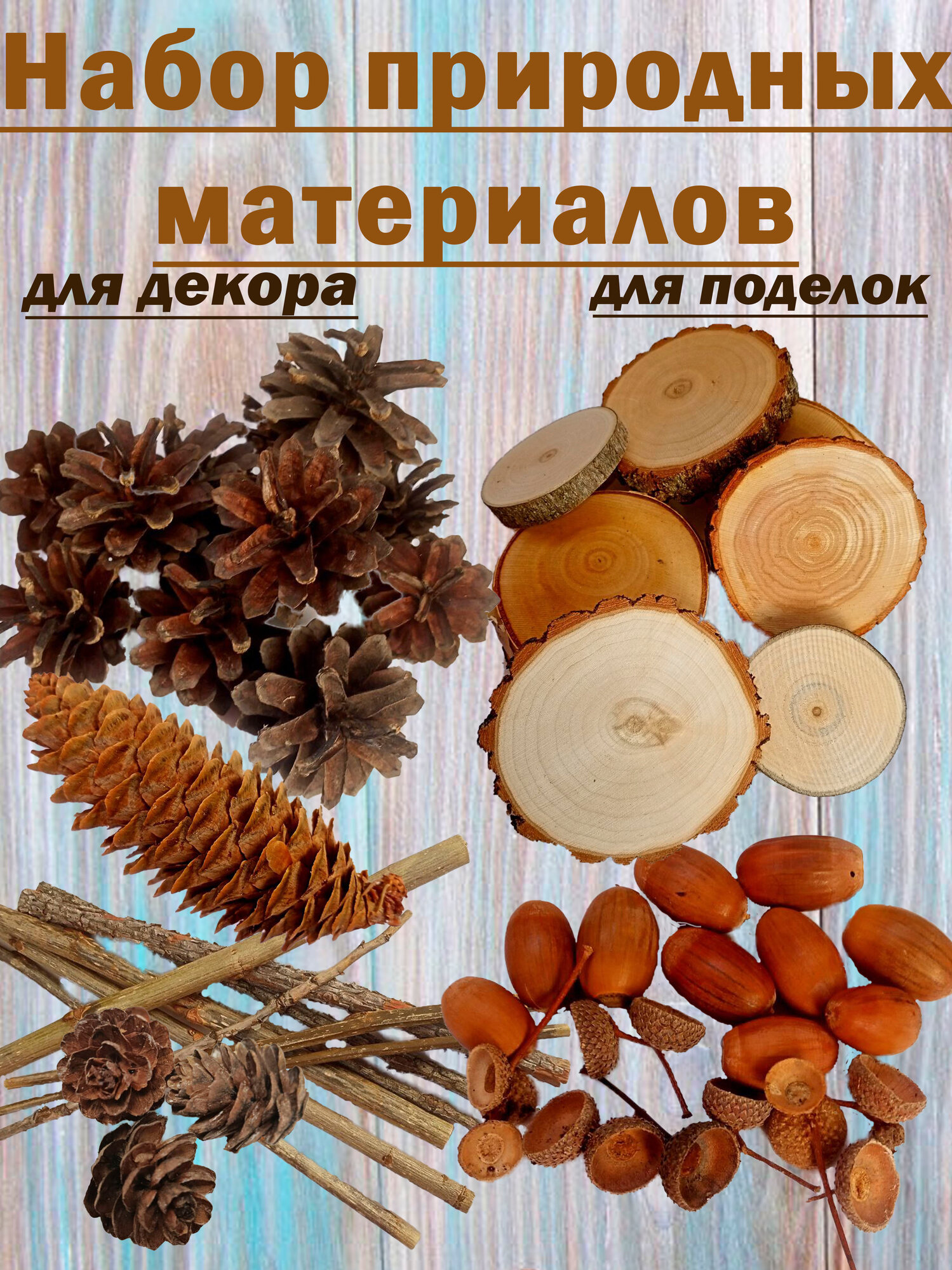 Набор природных материалов для декора, поделок, набор для творчества, спилы дерева, шишки, жёлуди дубовые.