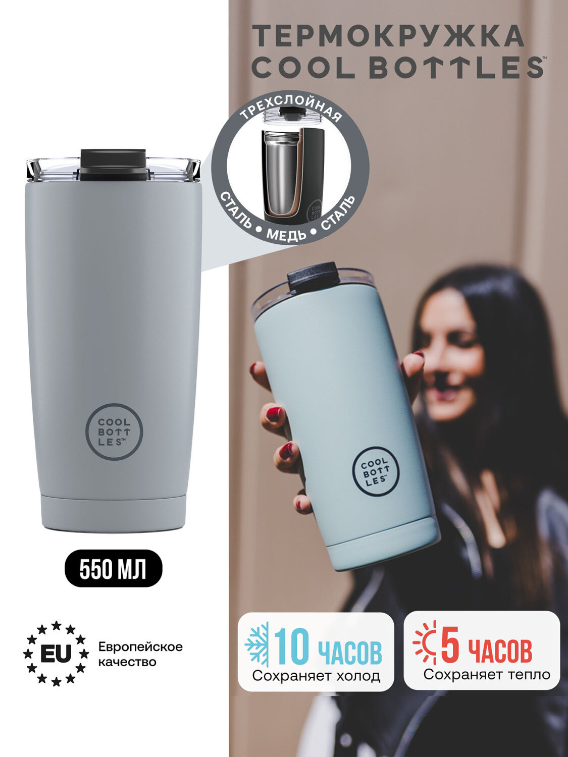 Термокружка Cool Bottles Tumbler Pastel Grey 550мл CBT55PAY