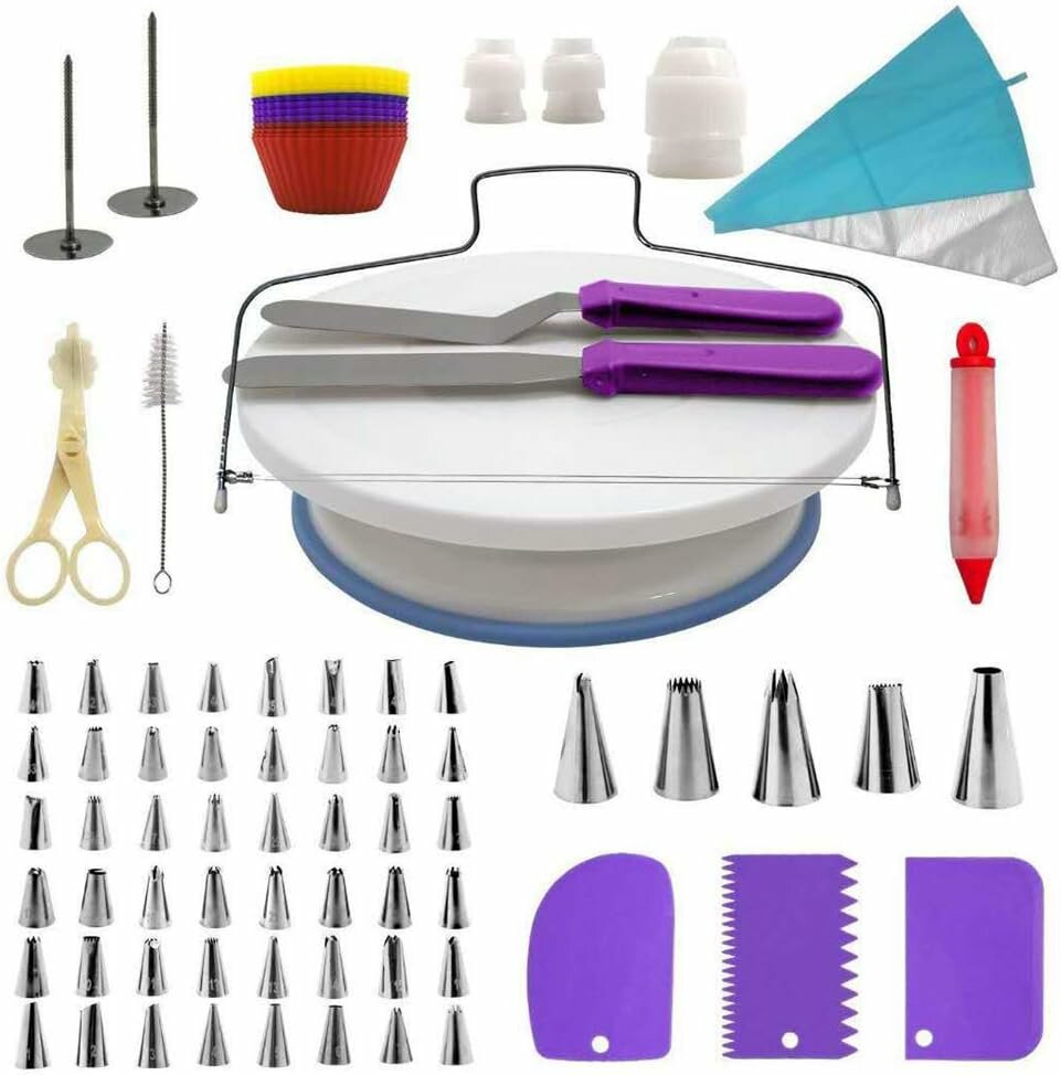 150 шт. Набор инструментов для украшения тортов, принадлежности для выпечки с поворотным столом для тортов, набор форм для тортов для новичков и любителей тортов.