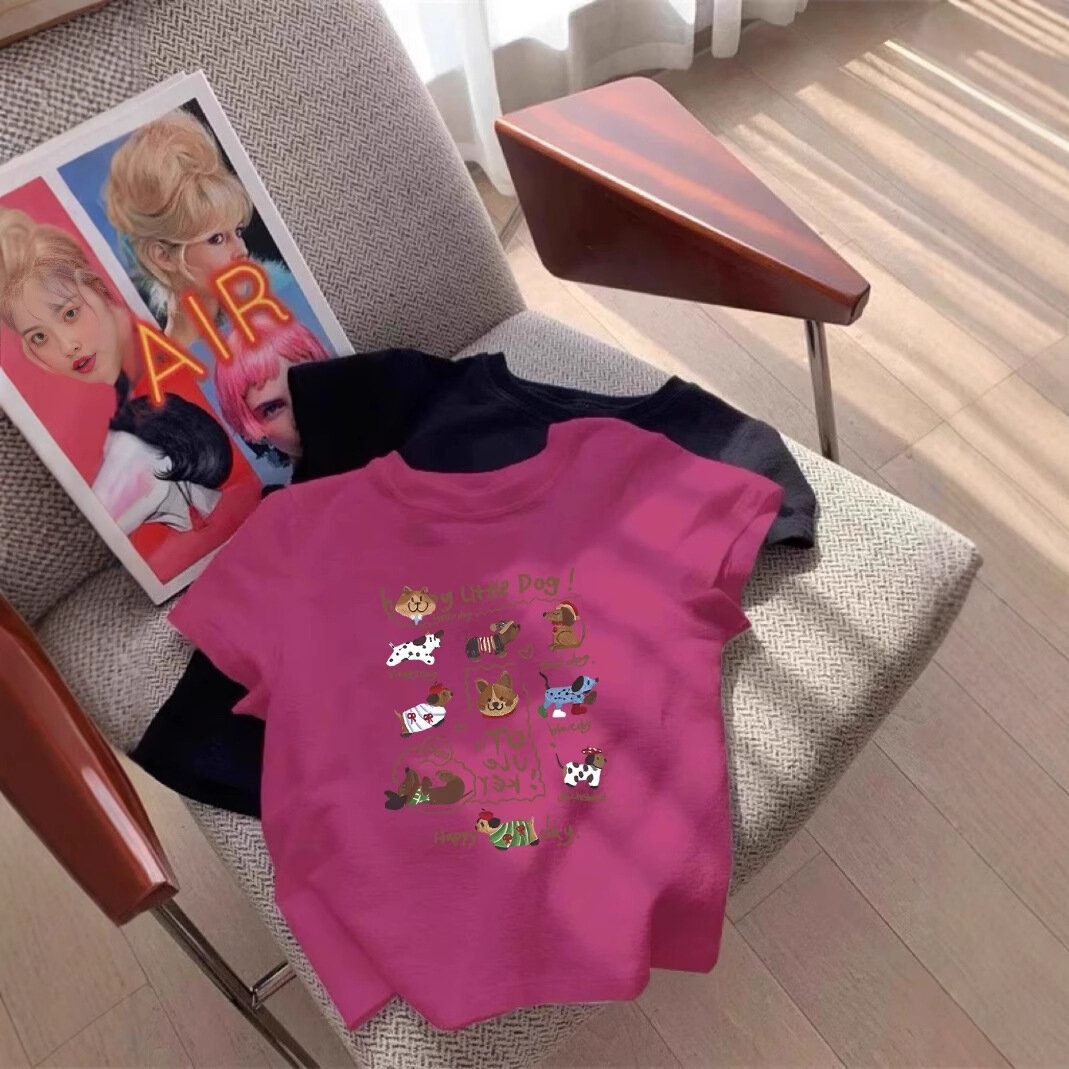 Футболка из чистого хлопка темно-синего цвета с короткими рукавами для женщин, популярный в 2025 году топ с американским принтом, круглым вырезом и прямыми плечами, блузка в стиле горячей девушки, Розово-красный, размер：S