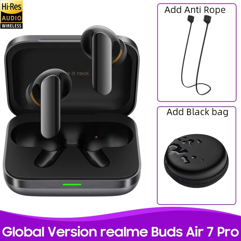 Глобальная версия Realme Buds Air 7 Pro True Беспроводные наушники 53 дБ с активным шумоподавлением Bluetooth 5,4 Наушники 48 часов батареи MetallicGreynBag