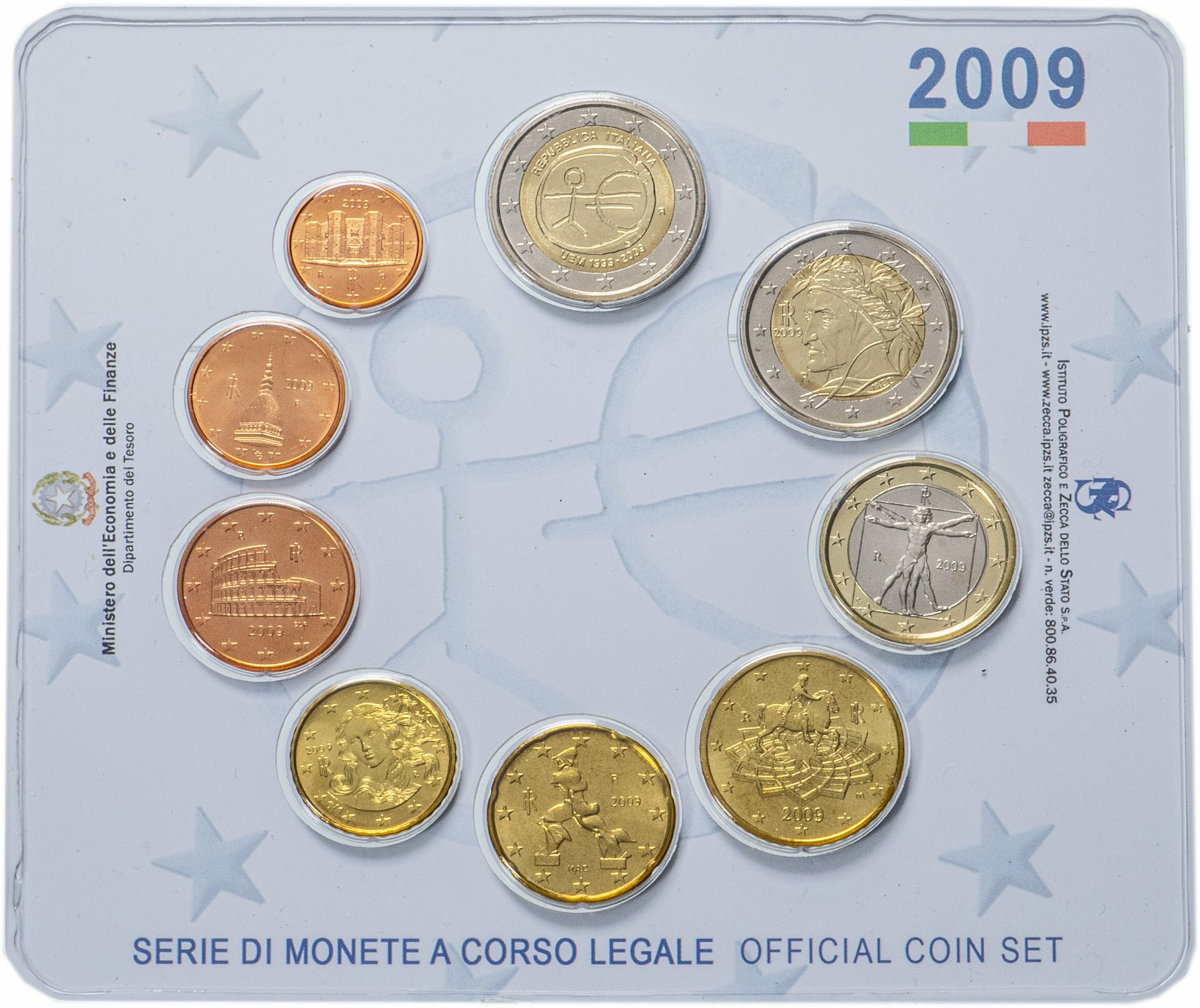 Италия 2009 официальный годовой набор евро из 9 монет в буклете, Биметалл, нордик, сталь с медным покрытием, в сохранности UNC