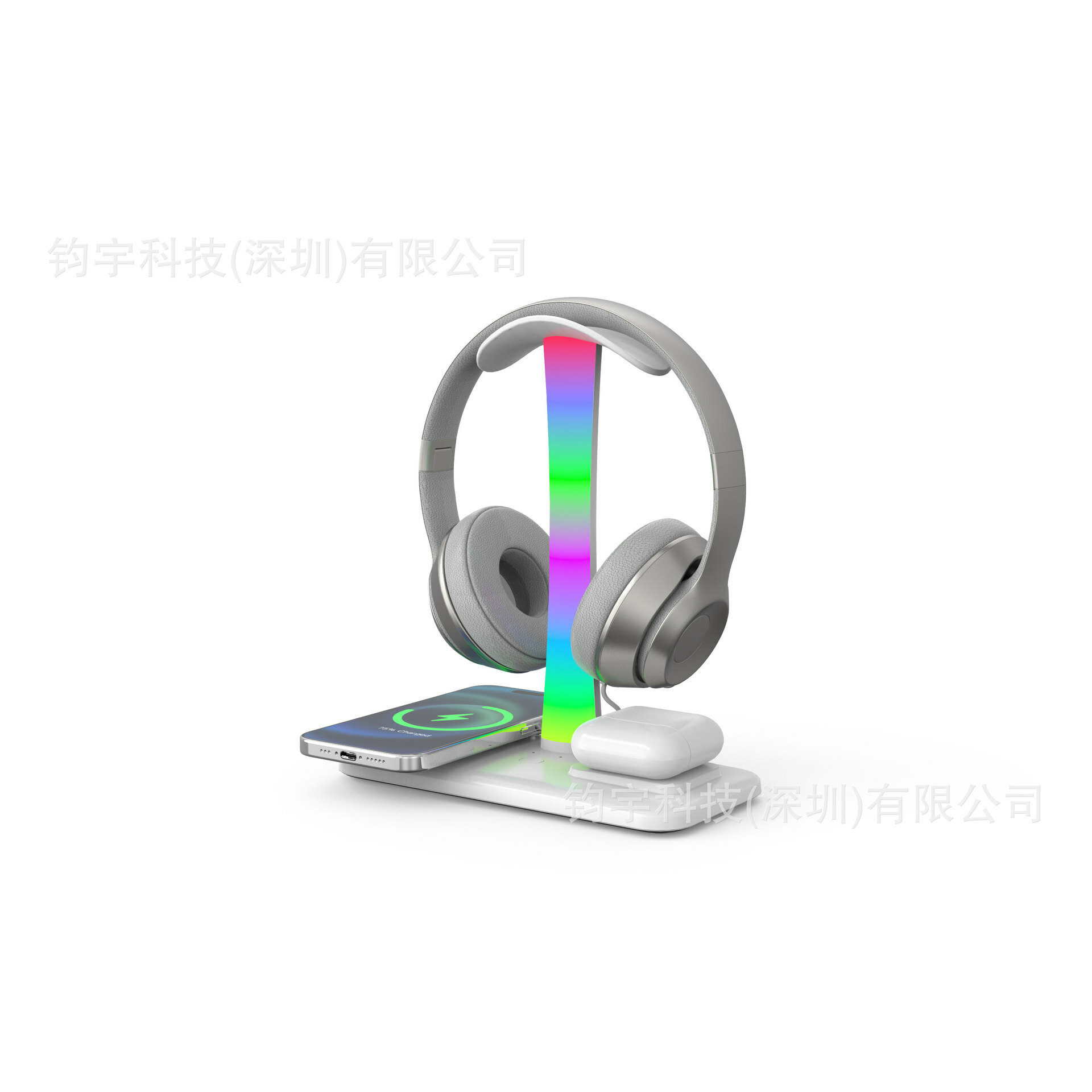 D9 3-в-1 подставка для наушников с RGB-подсветкой и беспроводной зарядкой для смартфонов — Белый