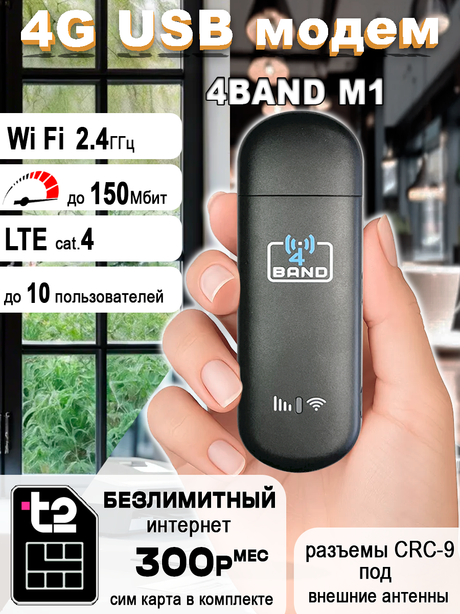 USB модем 3G/4G 4BAND M1+ Wi-Fi 2.4ГГц + сим с безлимитным интернетом за 300р/мес